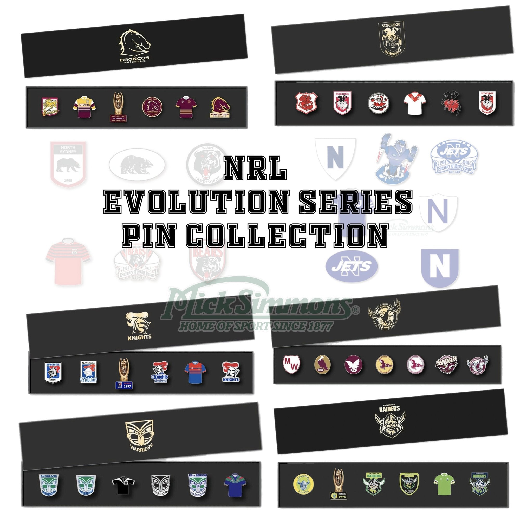 NRL Team Evolution Series Collection Set Metal Logo Pin Badge | Mick ...